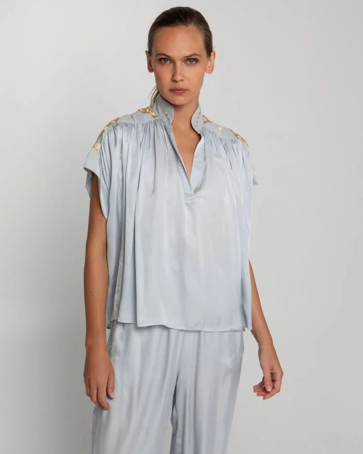 Crete Satin/Linen Mix Top - Light Grey/Champagne - Greek Archaic Kori ...